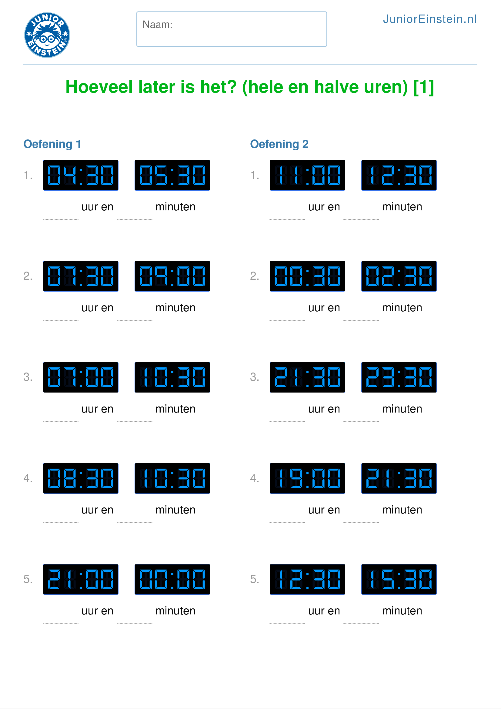 Werkblad: Hoeveel later is het? (hele en halve uren) [1] (geschikt voor ...