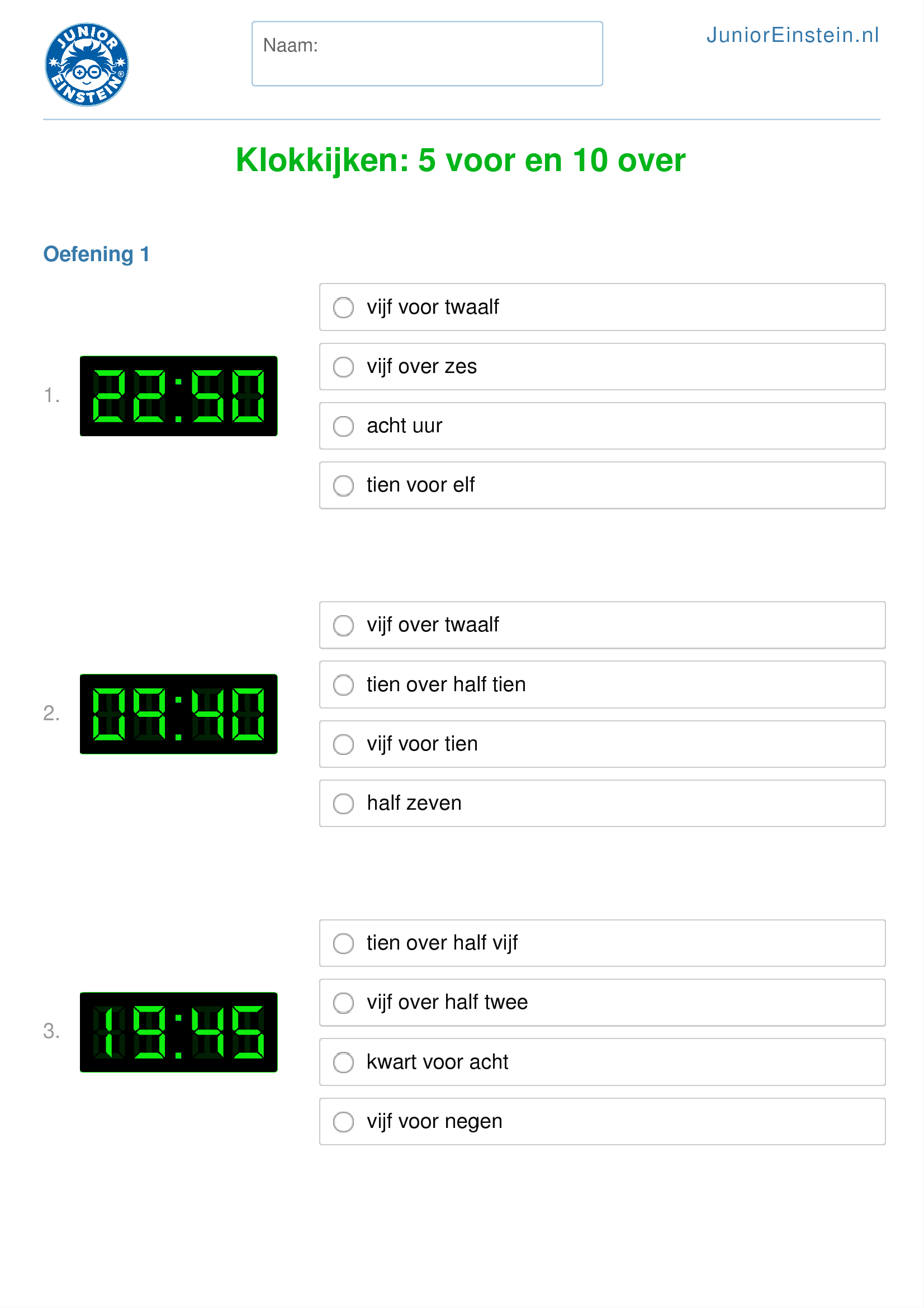 Werkblad: Klokkijken: 5 voor en 10 over (geschikt voor groep 6)