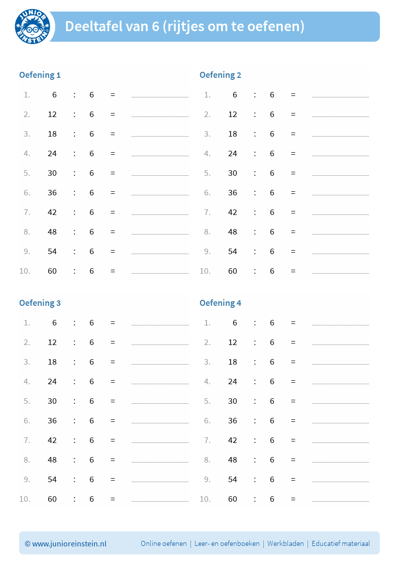 Deeltafel van 6 (rijtjes om te oefenen)