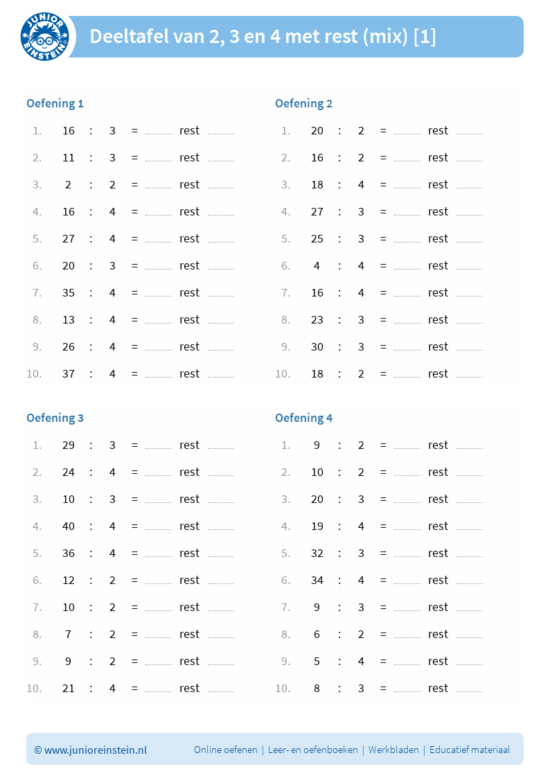 Deeltafel van 2, 3 en 4 met rest (mix) [1]