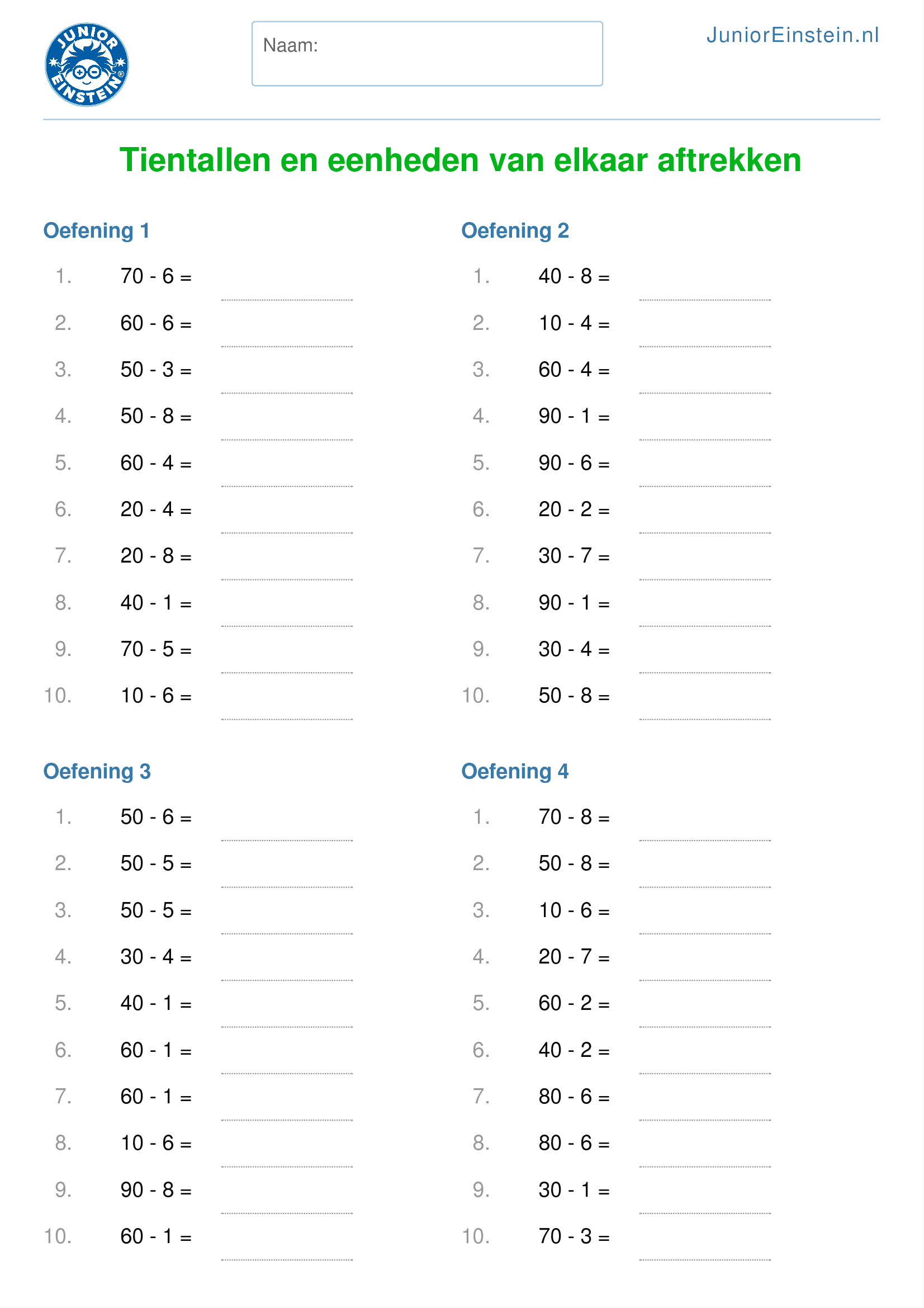 Rekenblad: Tientallen en eenheden van elkaar aftrekken