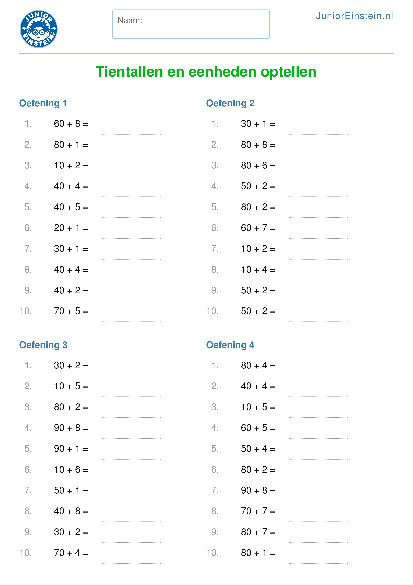 Rekenblad: Tientallen en eenheden plus tientallen